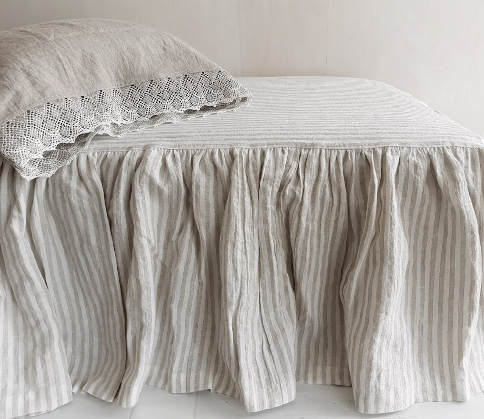 Striped Ruffle BEDSKIRT Stonewashed Linen Dust Ruffle Farmhouse Chic ...