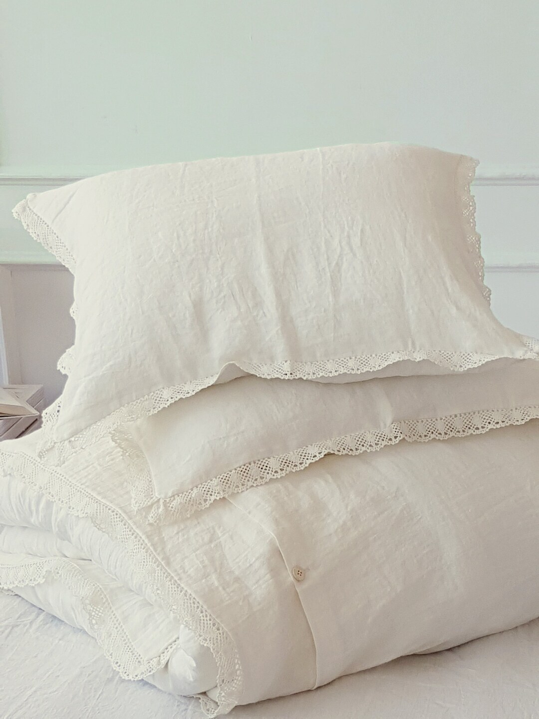 Linen Lace Trimmed BEDDING SET in off White Softened Linen - Duvet Set ...