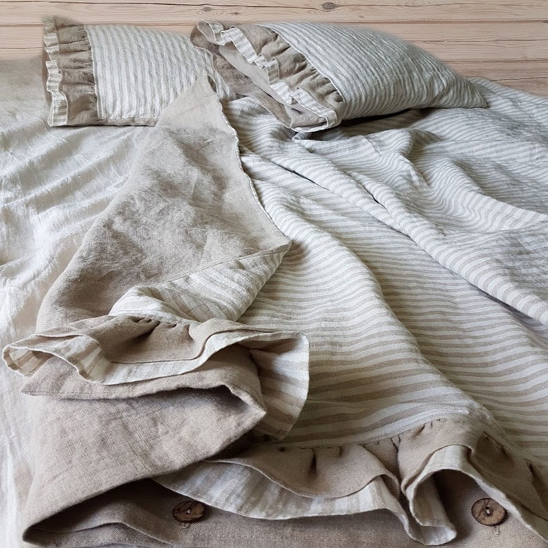 Linen DUVET SET With Double Ruffles at the Bottom, Natural Linen ...
