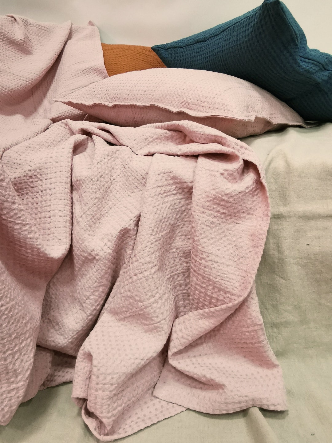 Waffle Throw BLANKET, SHAMS in Dusty Rose. Soft Linen Cotton Blend ...