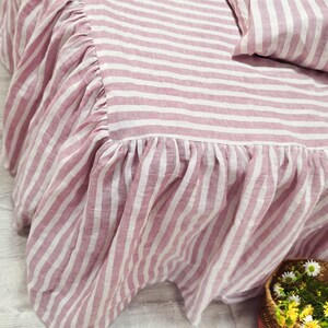 Pink Striped DUST RUFFLE in Stonewashed Linen. Shabby Chic Farmhouse ...
