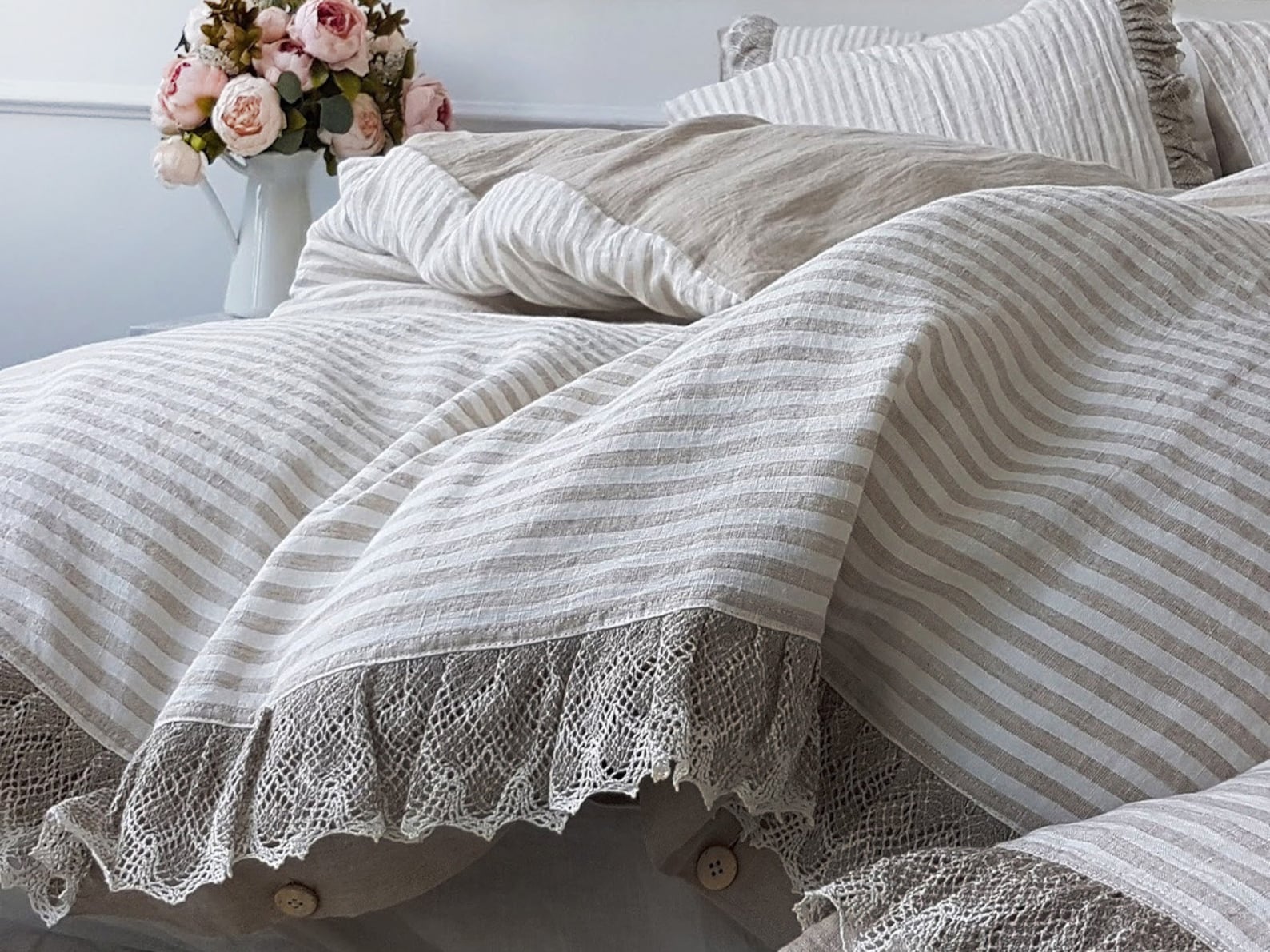 Ruffle Linen DUVET SET Lace Bedding Set Washed Heavy Linen - Etsy
