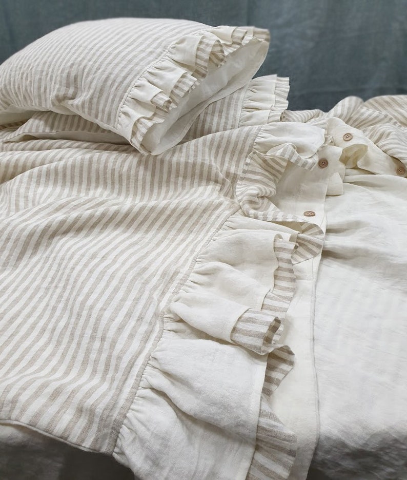 Linen DUVET SET With Ruffles at the Bottom, Natural Linen Bedding Set ...