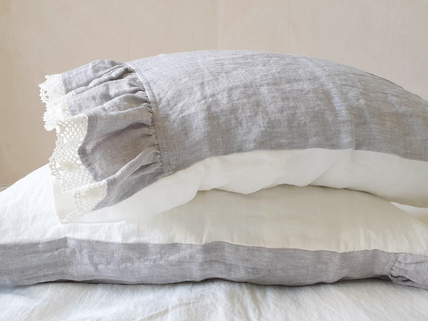 Ruffled Lace Trimmed Linen PILLOWCASE in Melange Grey and - Etsy
