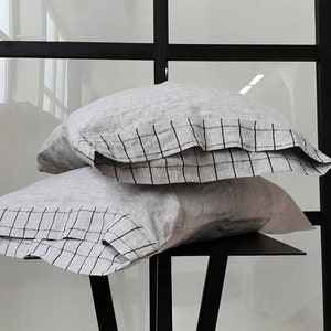 Linen BEDDING SET With Windowpane Pattern Melange Light Gray and Black ...