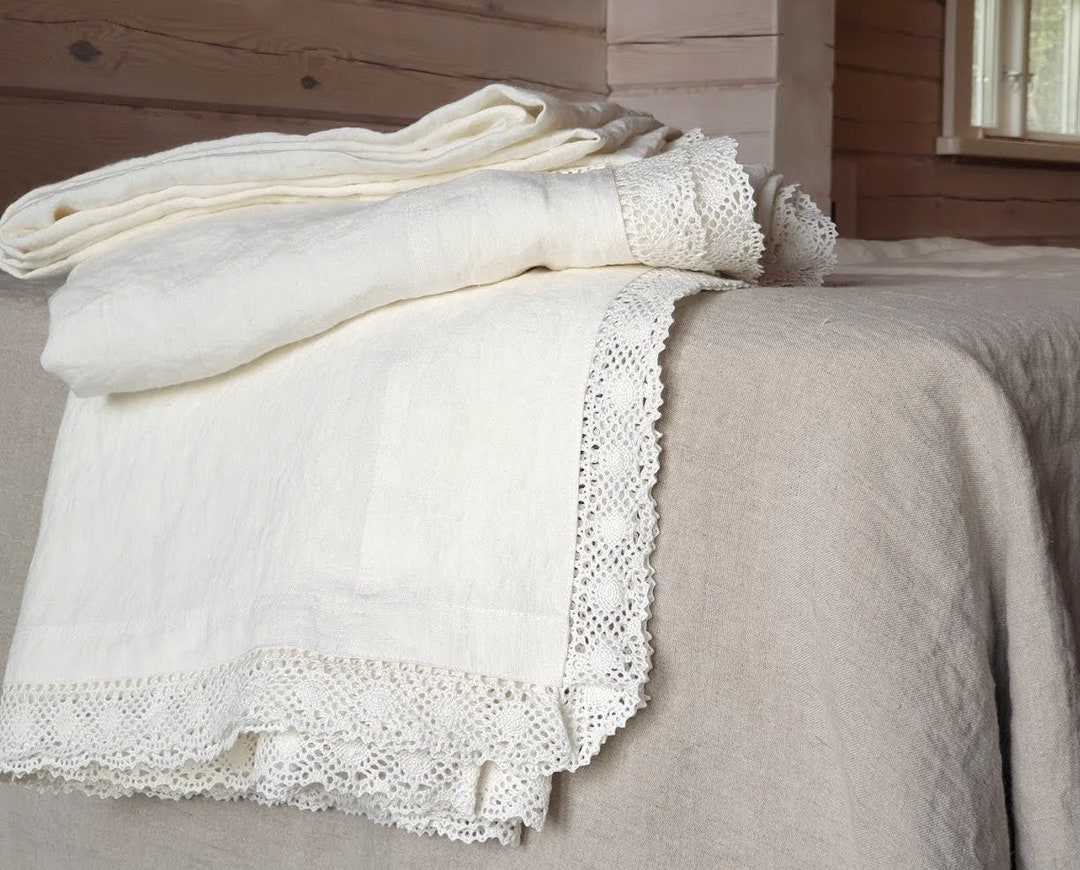 Linen Lace Trimmed FLAT SHEET in Optic White Linen, Shabby Chic Top ...
