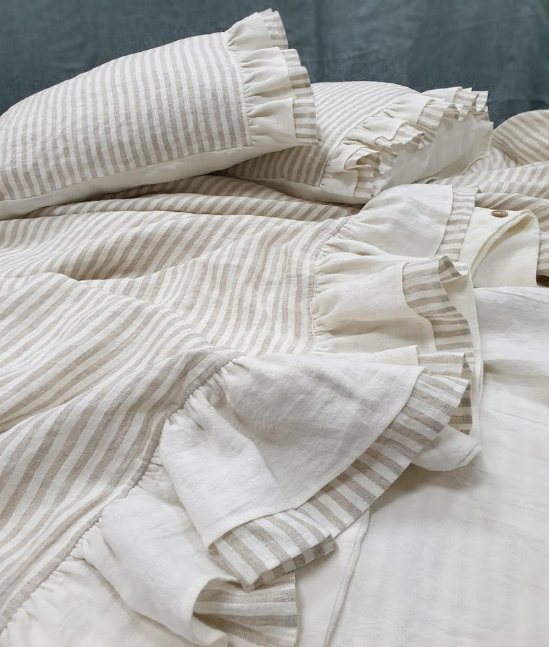 Linen DUVET SET With Ruffles at the Bottom, Natural Linen Bedding Set ...