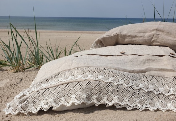 Linen LACE BEDDING SET Farmhouse Chic in Natural Flax or - Etsy
