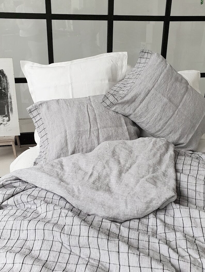 Linen BEDDING SET With Windowpane Pattern Melange Light Gray - Etsy