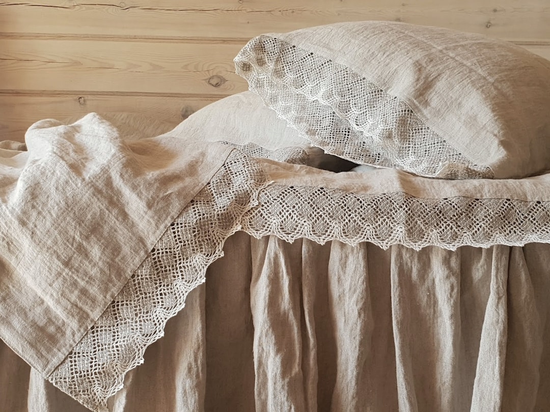Lace Linen SHEET SET From Washed Natural Flax Beige Linen - Linen Flat ...