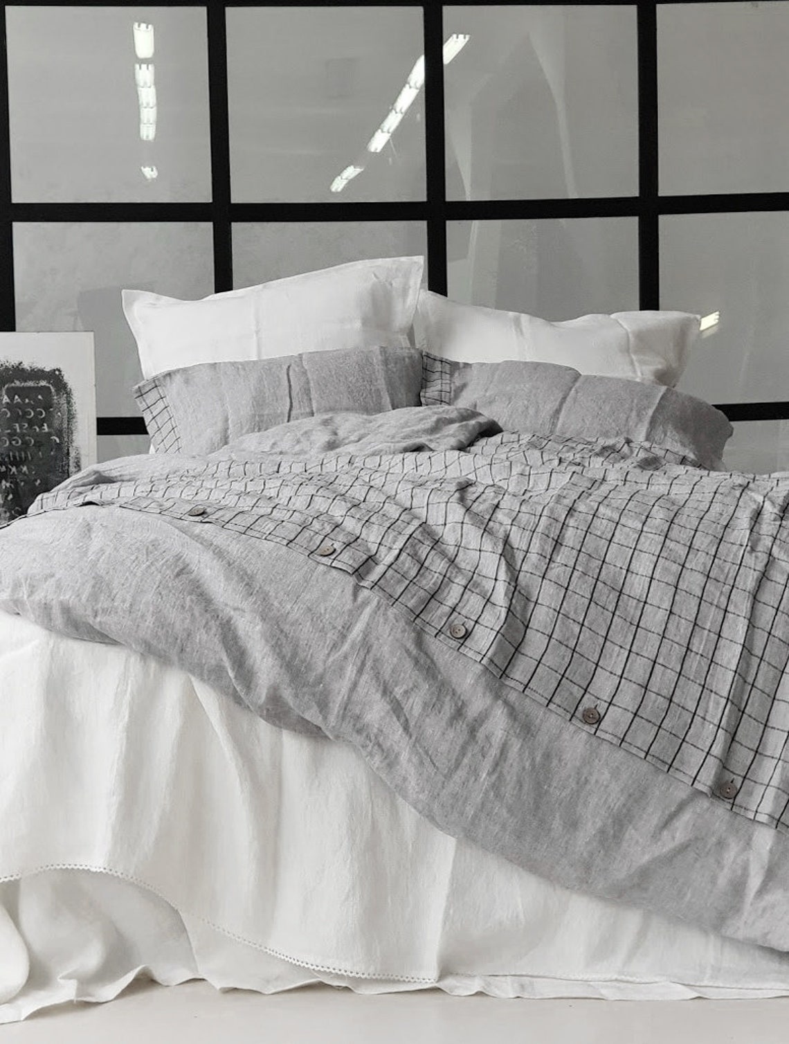 Linen BEDDING SET With Windowpane Pattern Melange Light Gray - Etsy