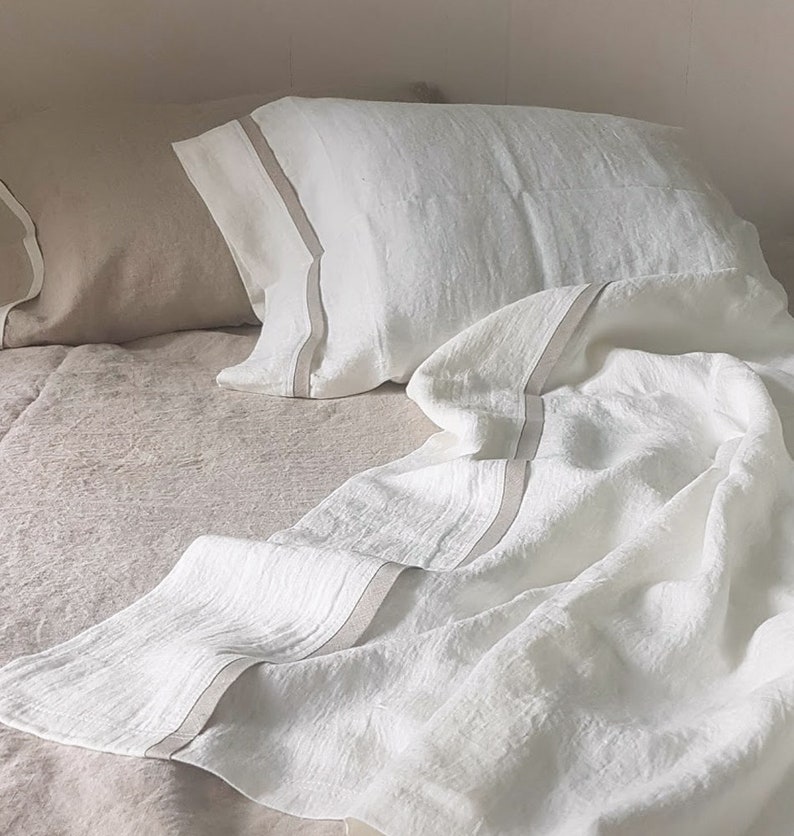 Linen SHEET SET in off-white with contrasting flax linen trim | Etsy