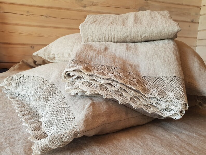 Lace linen SHEET SET from washed natural flax grey linen | Etsy