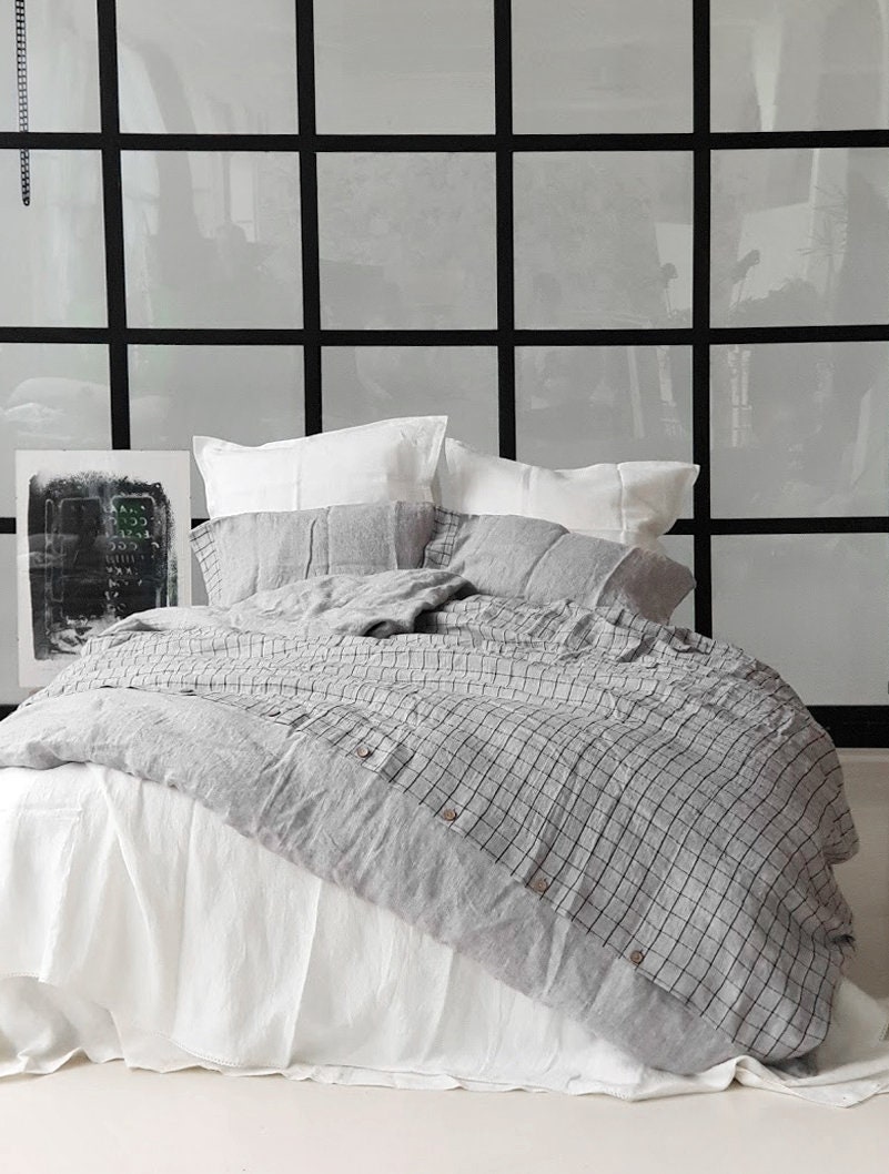 Linen BEDDING SET With Windowpane Pattern Melange Light Gray - Etsy