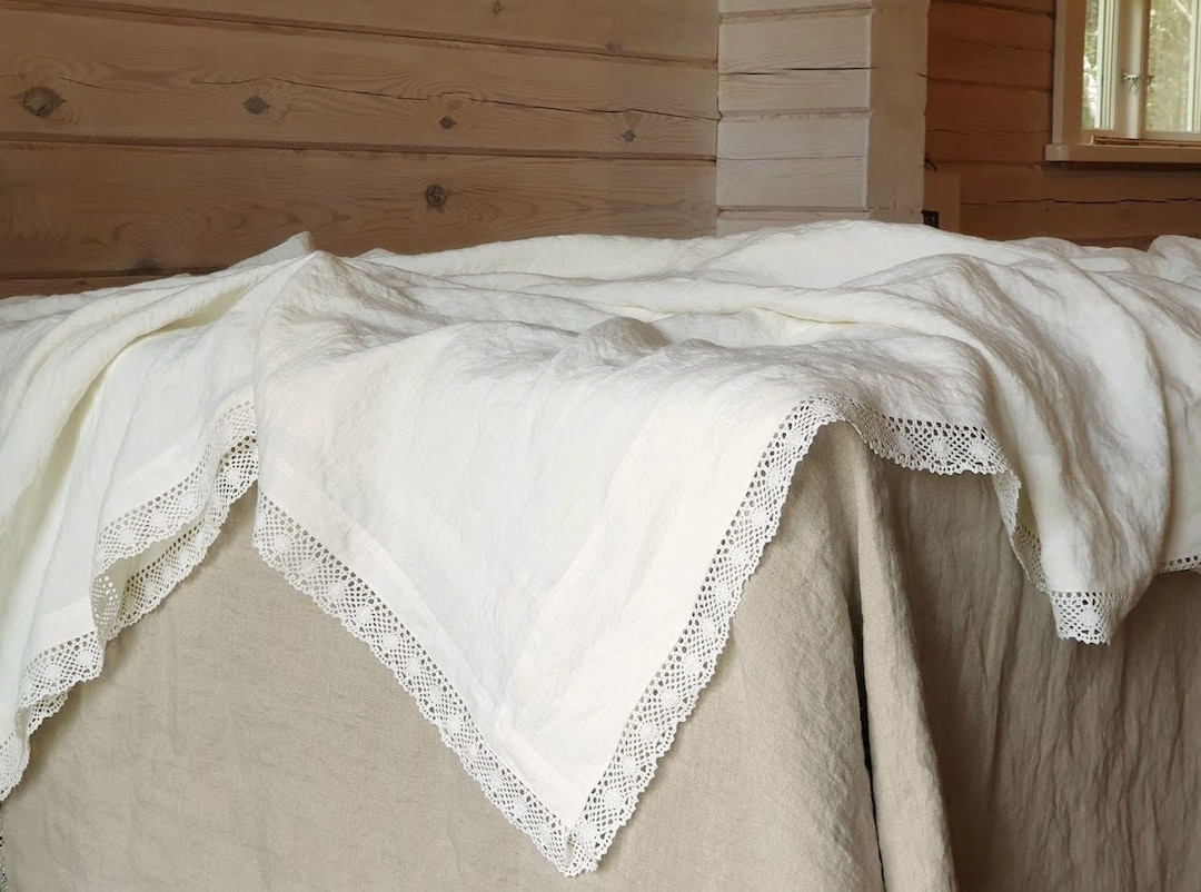 Shabby Chic TOP SHEET in Off-white Linen - Lace Trimmed Flat Sheets ...