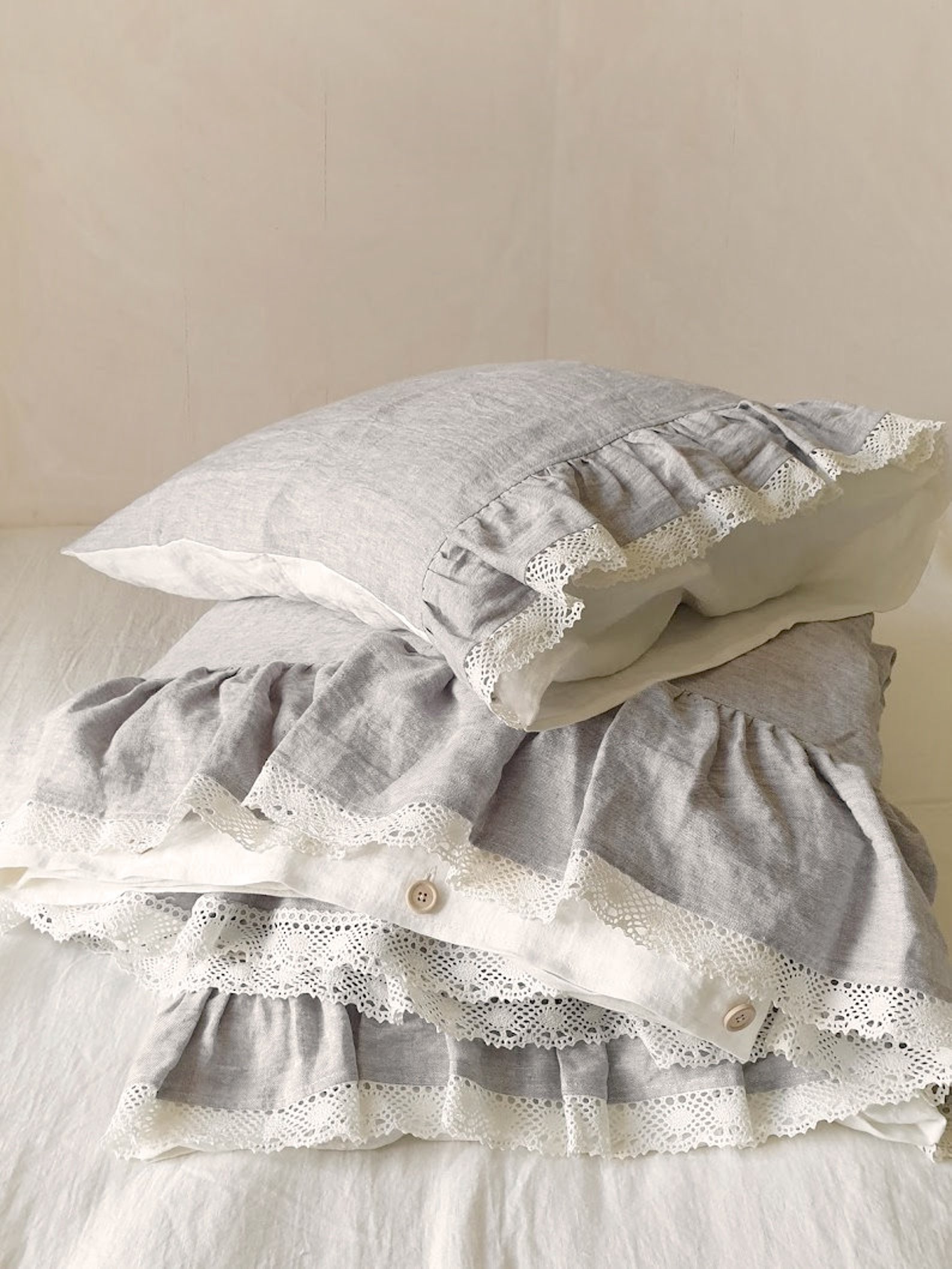 Ruffled Lace Trimmed Linen PILLOWCASE in Melange Grey and - Etsy