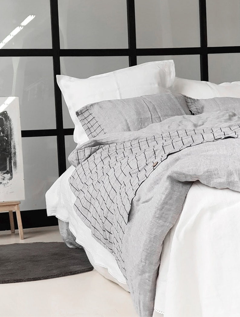 Linen BEDDING SET With Windowpane Pattern Melange Light Gray - Etsy