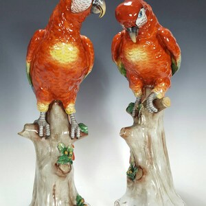 Pair of Vintage German Dresden Porcelain Red Macaw Parrot Figurines on ...