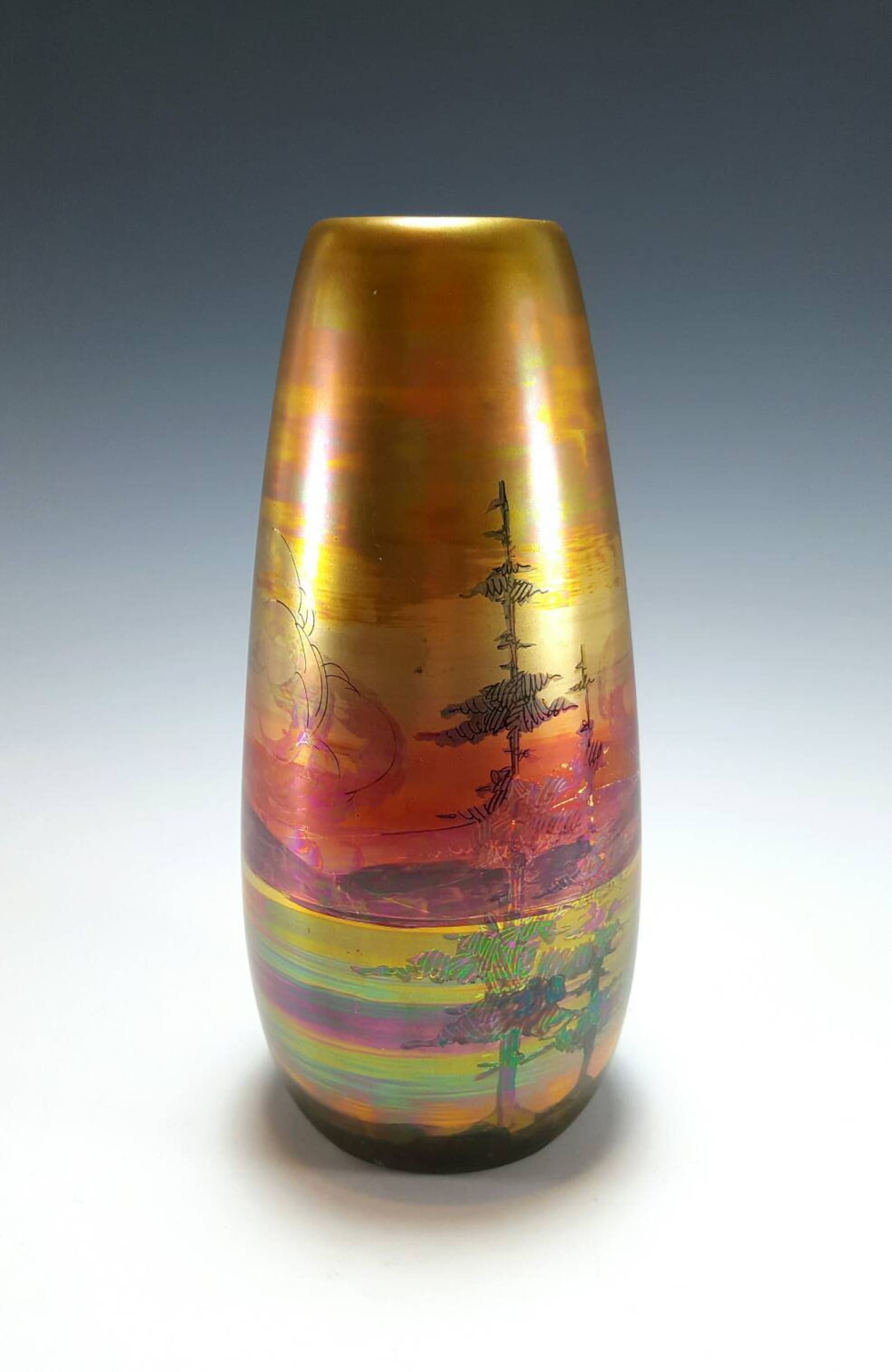 Weller Art Pottery Tall Lasa Scenic Tree Vase, Iridescent Landscape ...