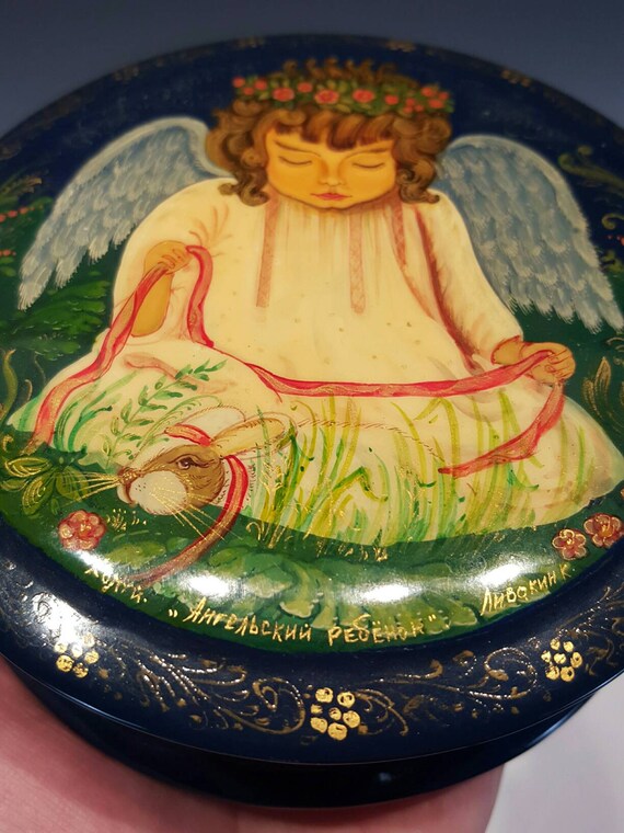 Russian Lacquer Box Hand Painted Trinket Box w. Angel… - Gem