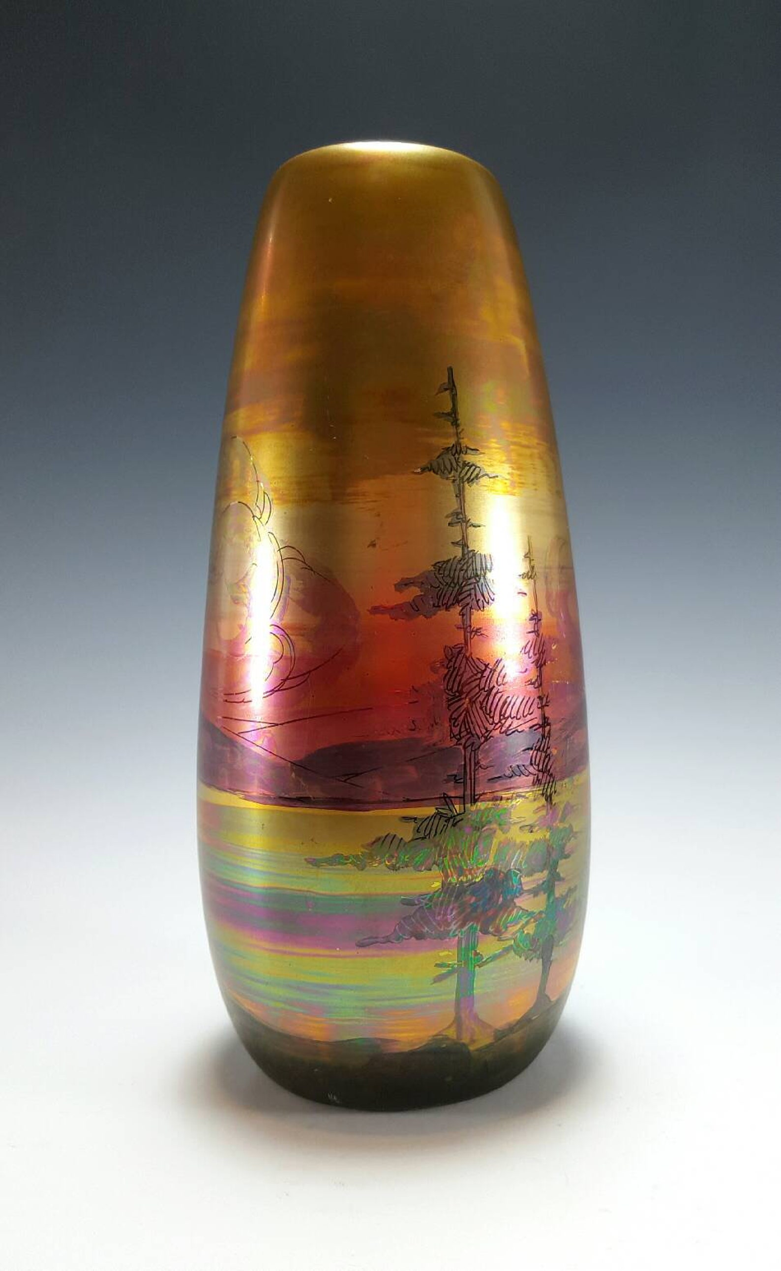 Weller Art Pottery Tall Lasa Scenic Tree Vase, Iridescent Landscape ...