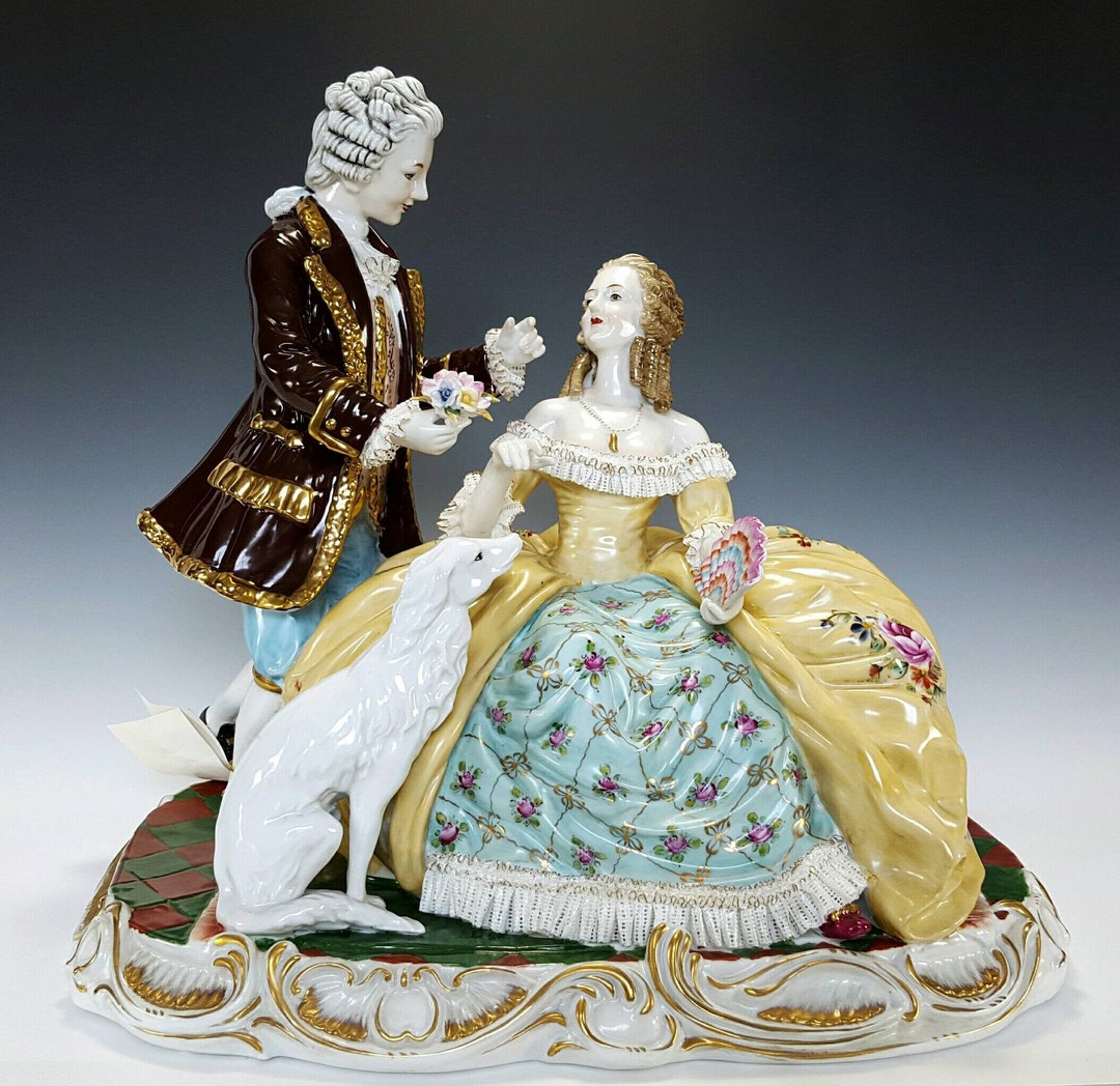 Massive Italian Capodimonte Style aristocratic Couple W/ Borzoi Dog ...