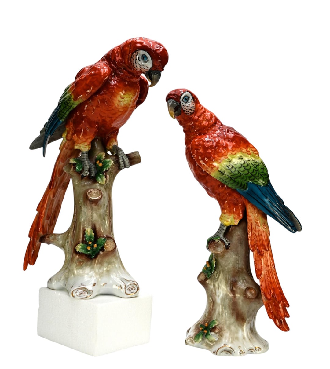 Pair of Vintage German Dresden Porcelain Red Macaw Parrot Figurines on ...