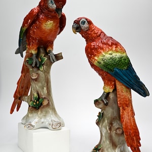 Pair of Vintage German Dresden Porcelain Red Macaw Parrot Figurines on ...