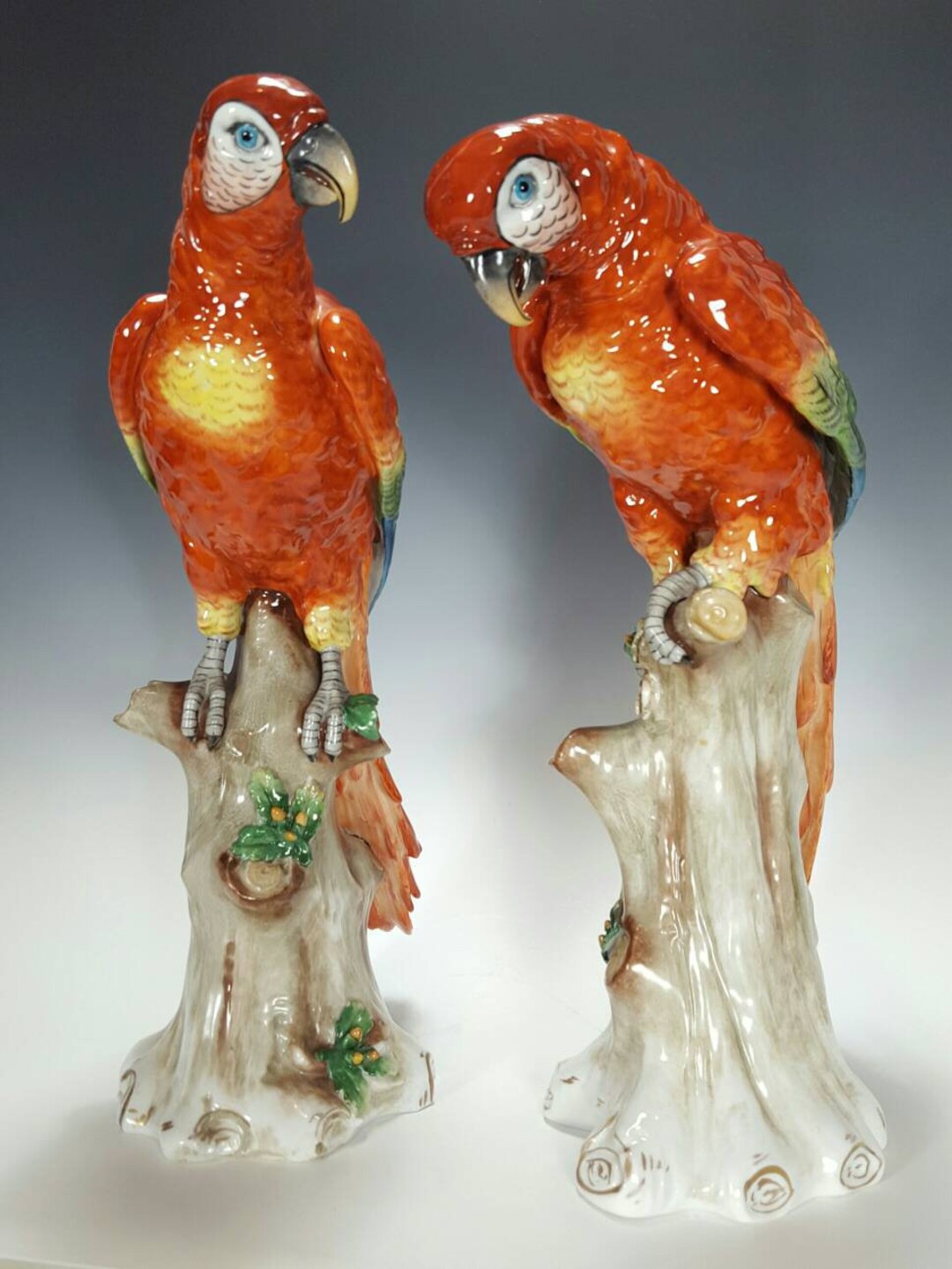 Pair of Vintage German Dresden Porcelain Red Macaw Parrot Figurines on ...