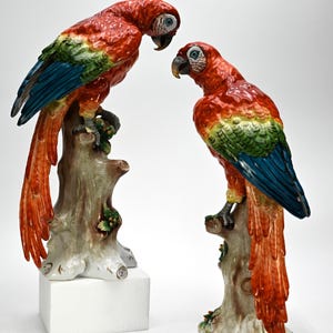 Pair of Vintage German Dresden Porcelain Red Macaw Parrot Figurines on ...