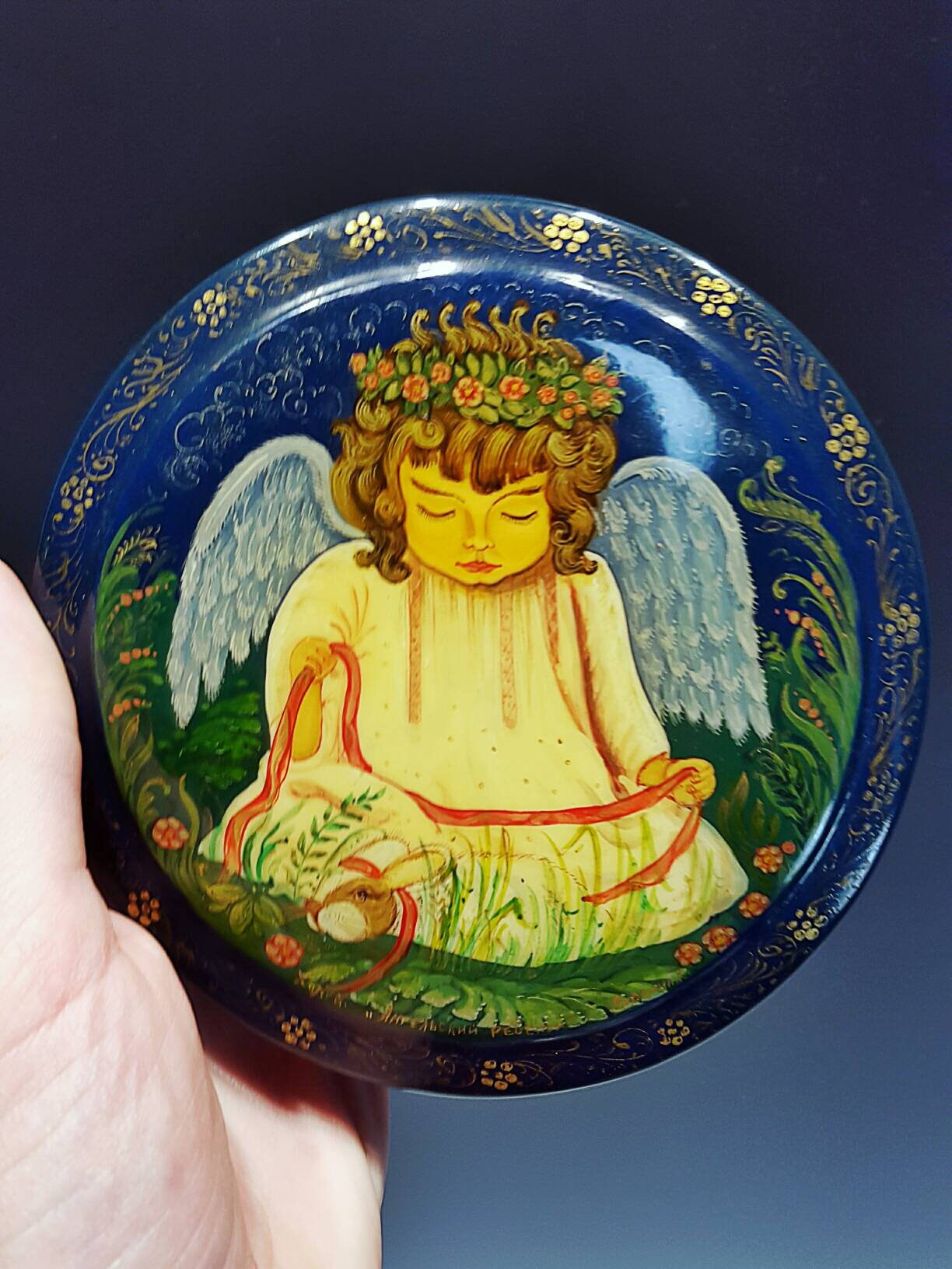 Russian Lacquer Box Hand Painted Trinket Box W. Angel Scene - Etsy