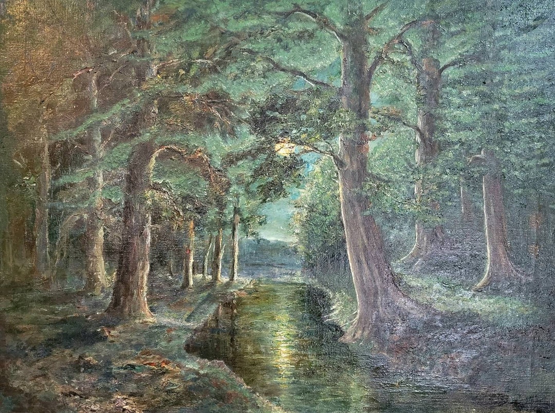 WILLIAM S. BUCKLIN Moonlit Forest Landscape Oil Painting, Vintage ...
