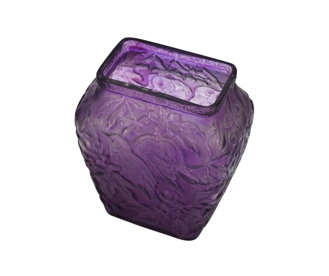 Vintage Martele Chickadee Vase: Etched Purple Opalescent Glass, Reuben ...