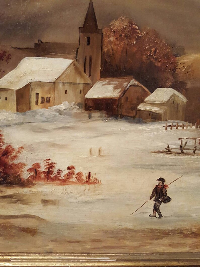 Antique Winter Scene Windmill Oil Painting on Canvas | European ...