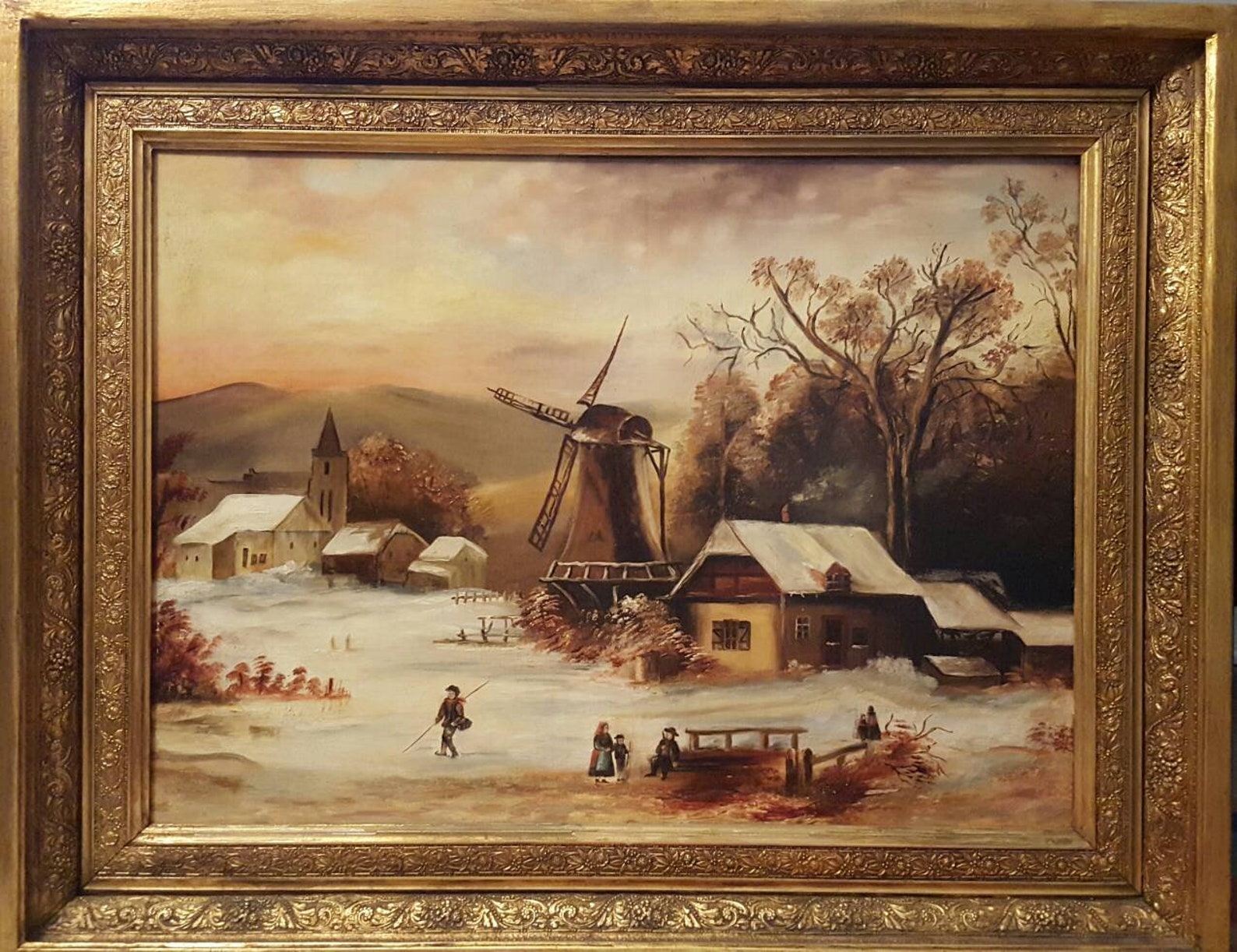 Antique Winter Scene Windmill Oil Painting on Canvas | European ...