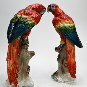 Pair of Vintage German Dresden Porcelain Red Macaw Parrot Figurines on ...