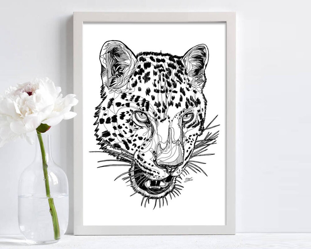 Leopard Head Line Drawing // Black and White // Abstract Leopard ...