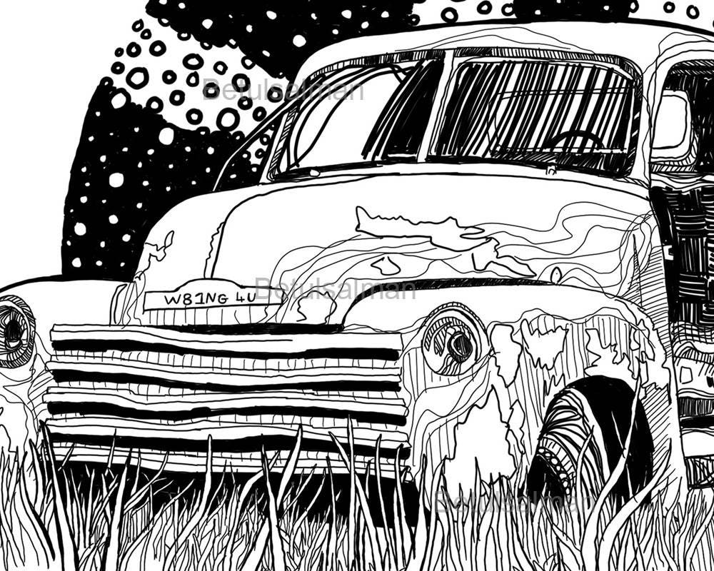 Abandoned Car Illustration // Car Line Drawing // Black and White ...