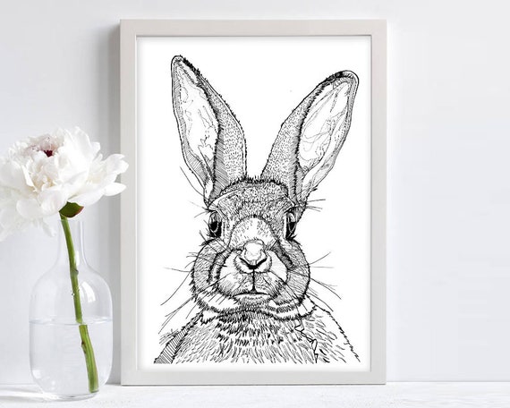 Rabbit Print Bunny Line Drawing Nursery Wall Art Black | Etsy