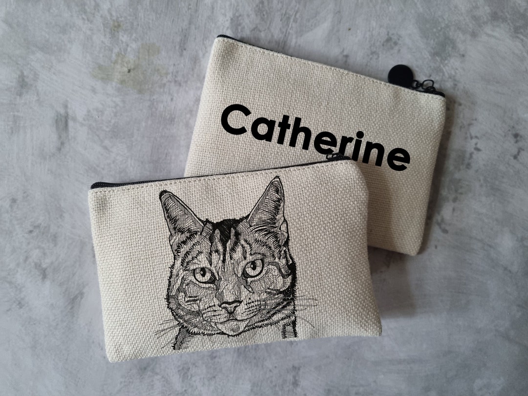 Cat Pencil Case, Cat Black Line Drawing, Cat Wallet, Custom Name Pouch ...