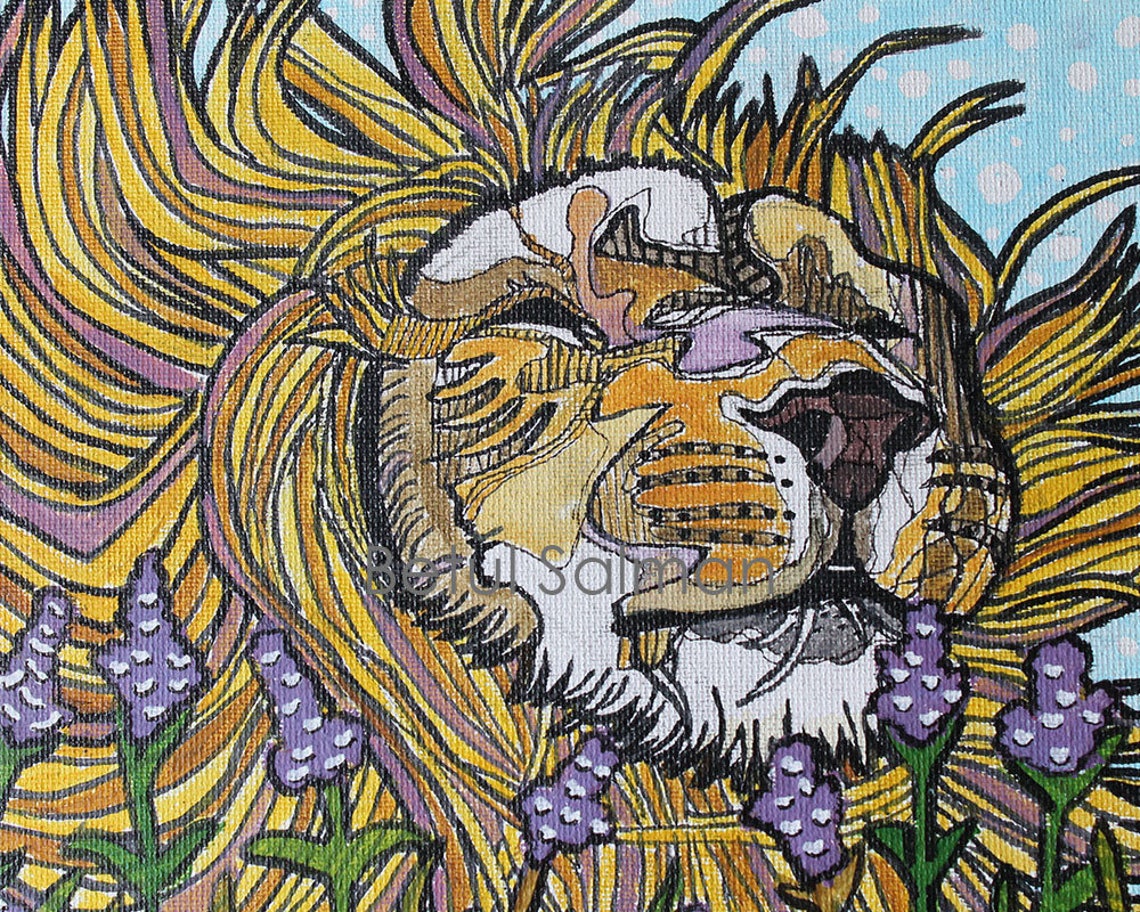 Original Lion in Lavender Painting // Big Cat // Line Drawing | Etsy