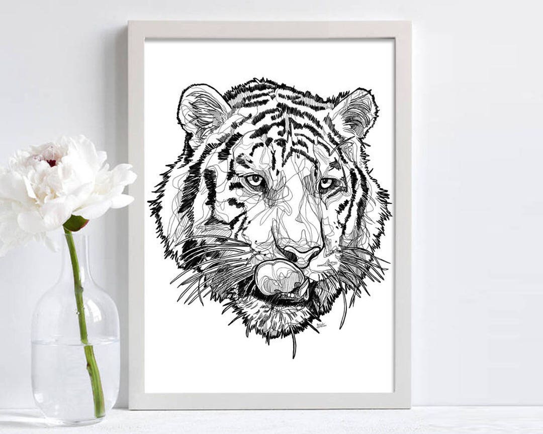 Tiger Head Line Drawing // Black and White // Abstract Tiger // Print ...