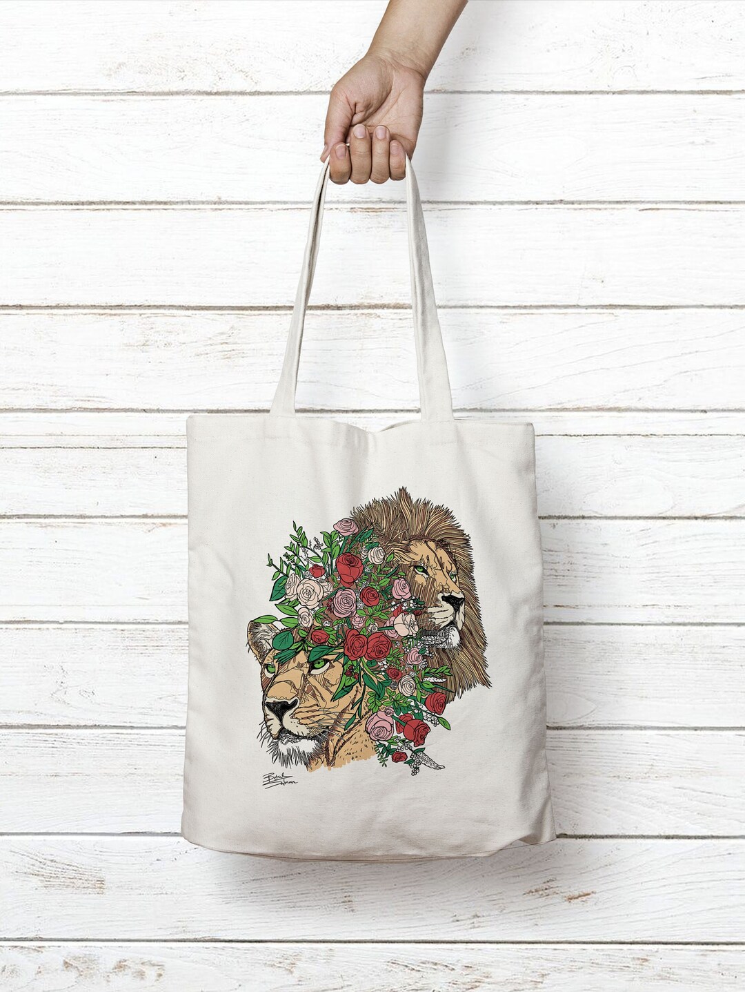 Lion and Lioness Tote Bag, Personalised Bag, Floral Tote Bag, Lion ...