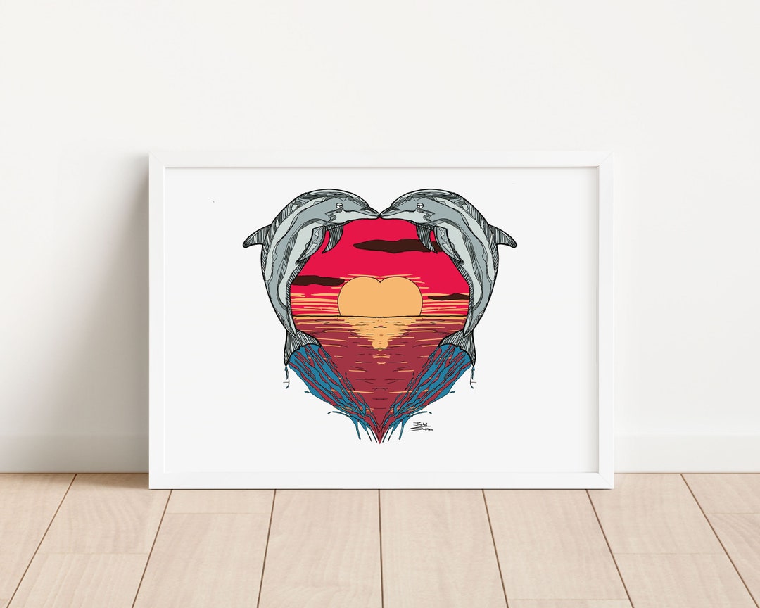 Dolphins Love Drawing, Dolphin Print, Red Sunset Print, Heart Print ...