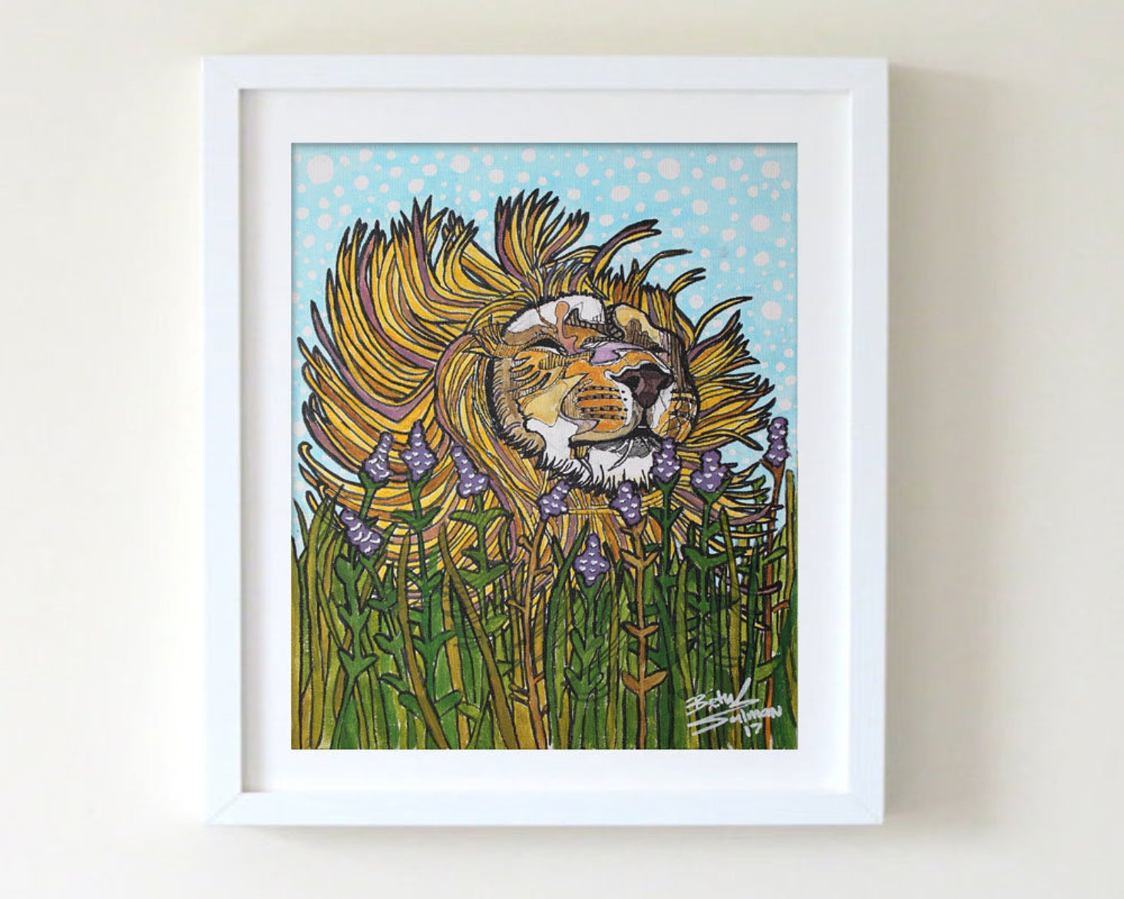 Original Lion in Lavender Painting // Big Cat // Line Drawing // Lion ...