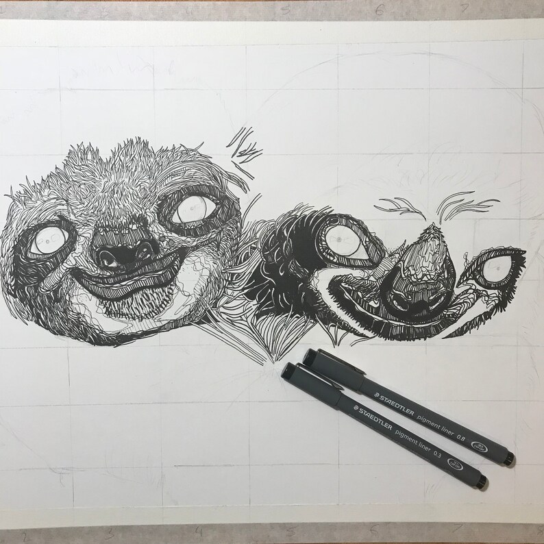 Original Sloths Line Drawing, Sloths Hugging, Pen Drawing, Fine Liners ...