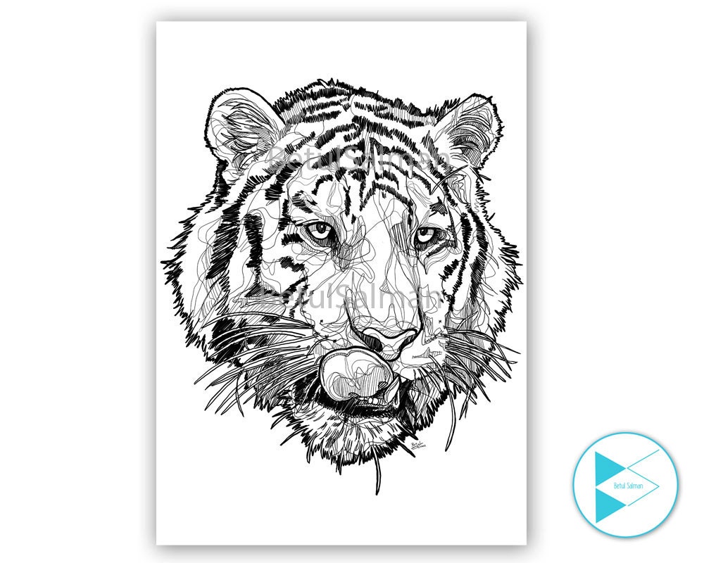 Tiger Head Line Drawing // Black and White // Abstract Tiger | Etsy