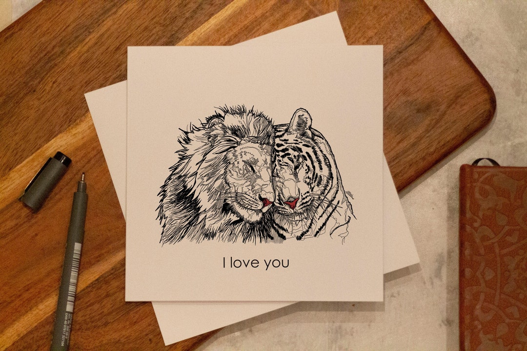 Lion and Tiger Love Card, Valentine's Card, I Love You, Square Greeting ...
