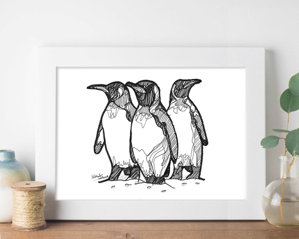 Three Penguins Print Line Drawing Black and White | Etsy