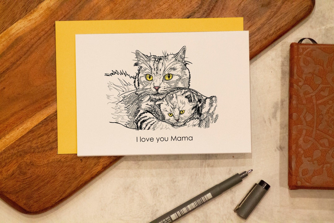 Cat Mothers Day Card, I Love You Mama, Custom Card, Line Drawing ...